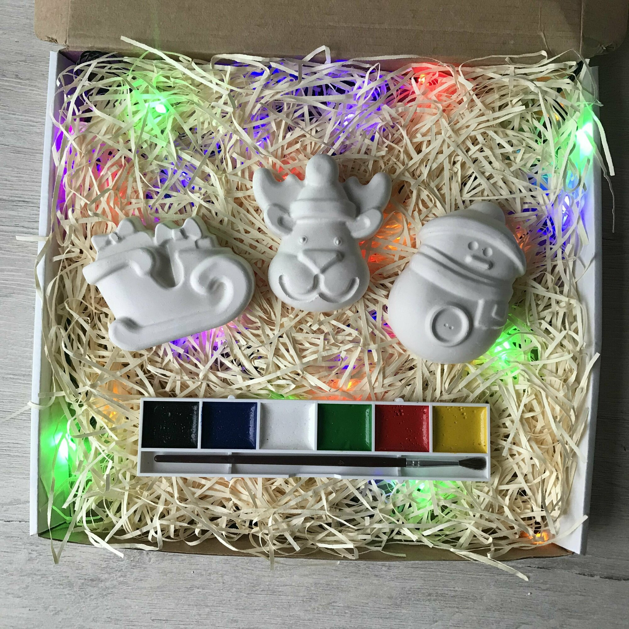 Новогодний набор для росписи олень, сани, снеговик + котик В подарок, краски, кисточка / Многоразовая объемная раскраска 4 шт. Сделай Сам /Творчество и образование для детей