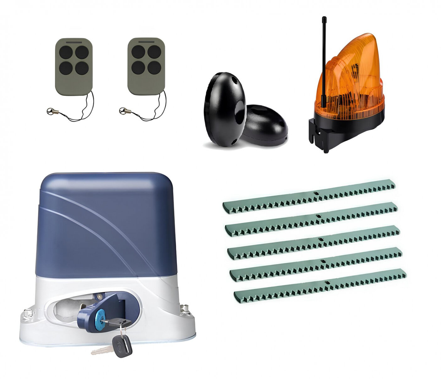 Автоматика для откатных ворот KSL-1300 FULL-1K5, комплект: привод, 2 пульта, фотоэлементы, лампа, 5 реек