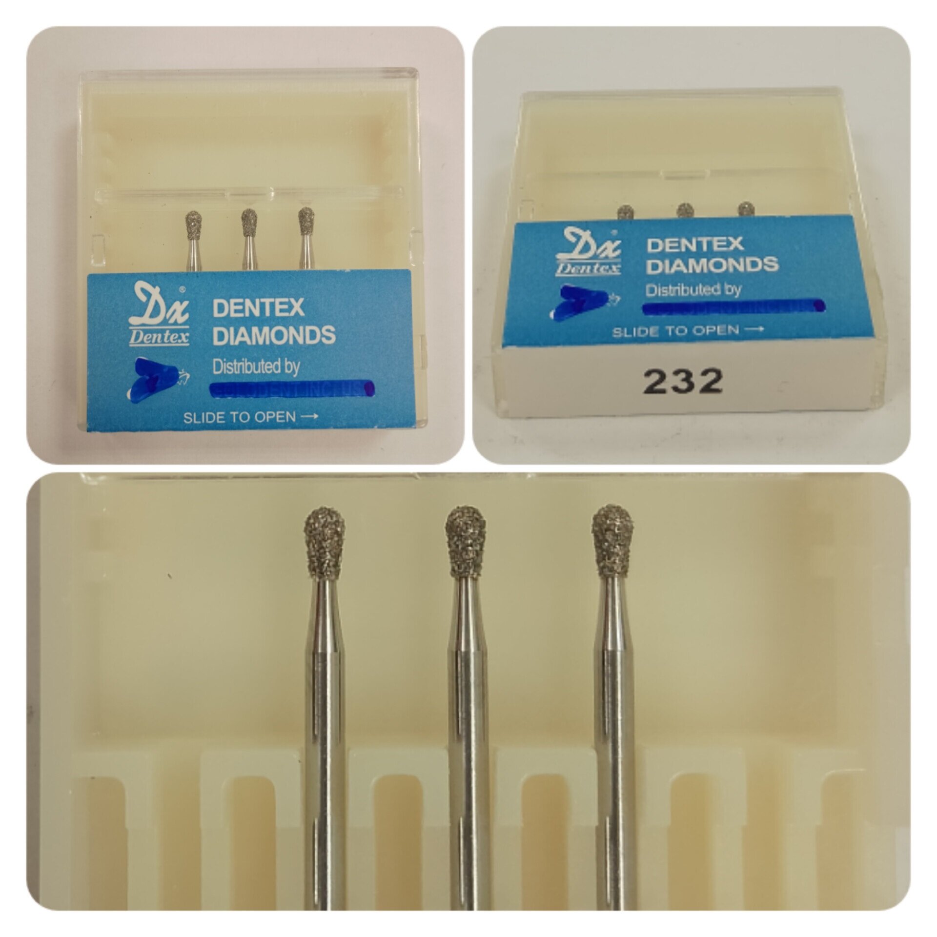 Боры стоматологические Dentex алмазные турбинные грушевидные, №232 размер 016, 3 штуки