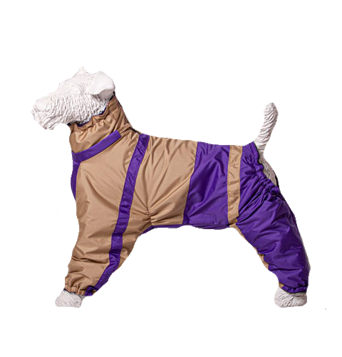 Теплый комбинезон для пуделя миниатюрного (карликового) кобеля, на флисе, модель Спортивный, цвет фиолетово-бежевый