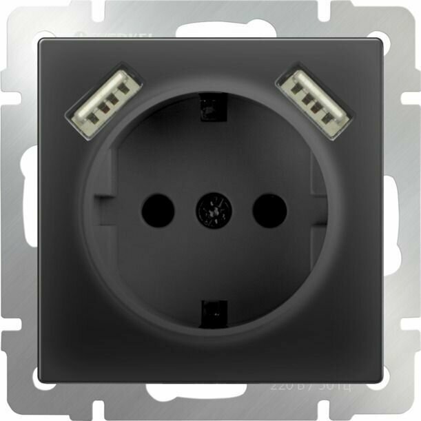 Штепсельная розетка встраиваемая WERKEL 16A 250V WL08-SKGS-USBx2-IP20/W1171508 с/з, шторками и USB черный