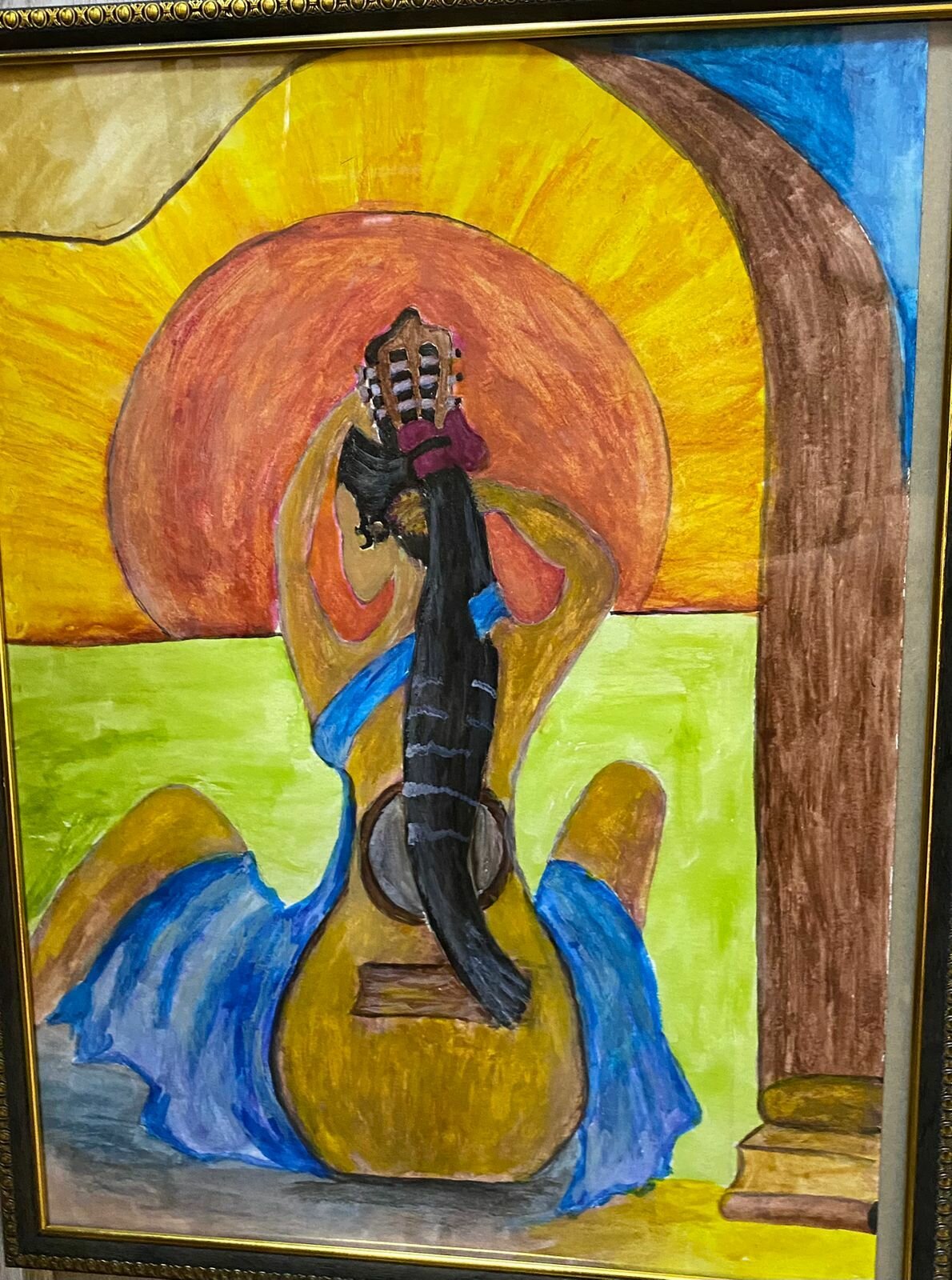 Картина в раме. Миляева Нина "Испанка с гитарой", акварель, 40x30. Авторская живопись.