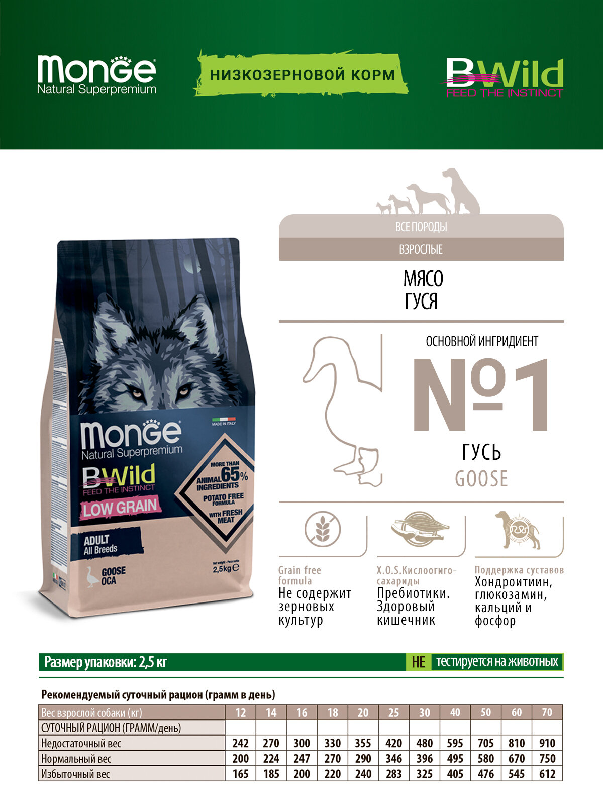 Сухой корм Monge BWild LOW GRAIN низкозерновой корм из мяса гуся для взрослых собак всех пород, 2,5кг