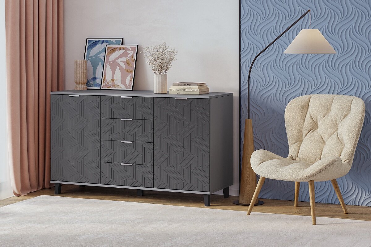 Комод МебельЛэнд24 Марвин 25 фрезеровка 3 Графит 140x40x80 серый двухдверный с 4 ящиками