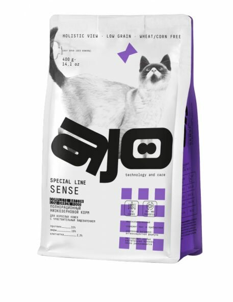 AJO (АЙО) Sense корм для кошек с чувствительным пищеварением низкозерновой 400гр