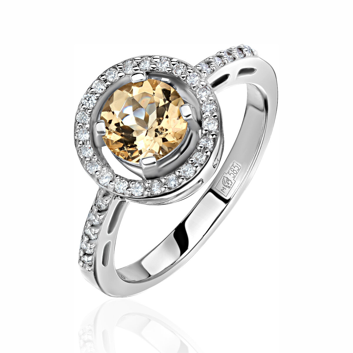 Кольцо, белое золото, 585 проба, родирование, бриллиант, гелиодор