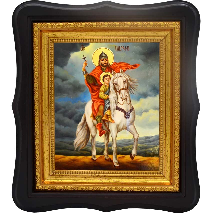 Святой Саркис. Икона на холсте. (17 х 21 см / В деревянном киоте под стеклом)