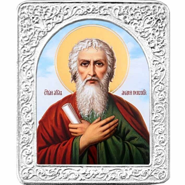 Андрей Первозванный. Маленькая икона в посеребренной раме 4,5 х 5,5 см.