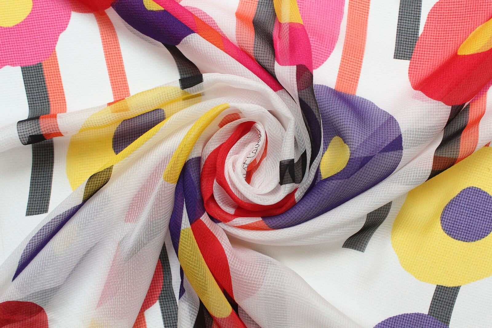 Ткань Шёлк-шифон Cavalli красно-жёлтый с белым и фиолетовым, ш146см, 0,5 м