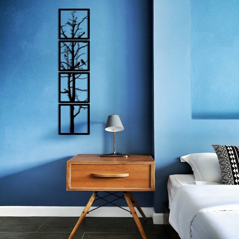 Декоративное металлическое панно, Большое дерево, набор из 4 элементов декора (черный цвет)