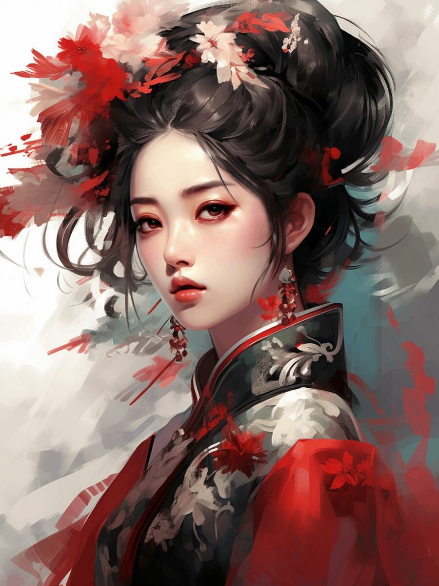 Картина по номерам на холсте 40*50 см "Гейша в цветах"