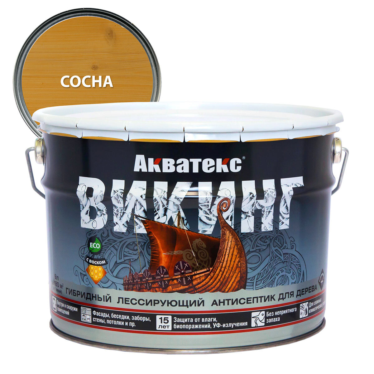 Акватекс Викинг антисептик для дерева гибридный лессирующий полуматовый сосна 9л