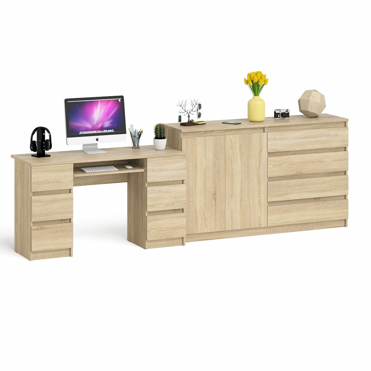 Компьютерный двухтумбовый стол СВК Мори с панелью для клавиатуры с тумбой-комодом цвет дуб сонома, 295,8х50х94 см.