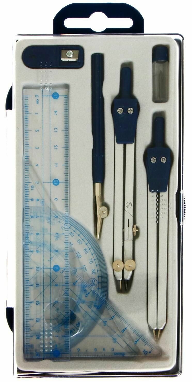 Готовальня для черчения из 9 предметов (2 циркуля - 130 мм, грифель, точилка, рейсфедер, линейка, транспортир, 2 угольника), чертежный набор в металлическом пенале