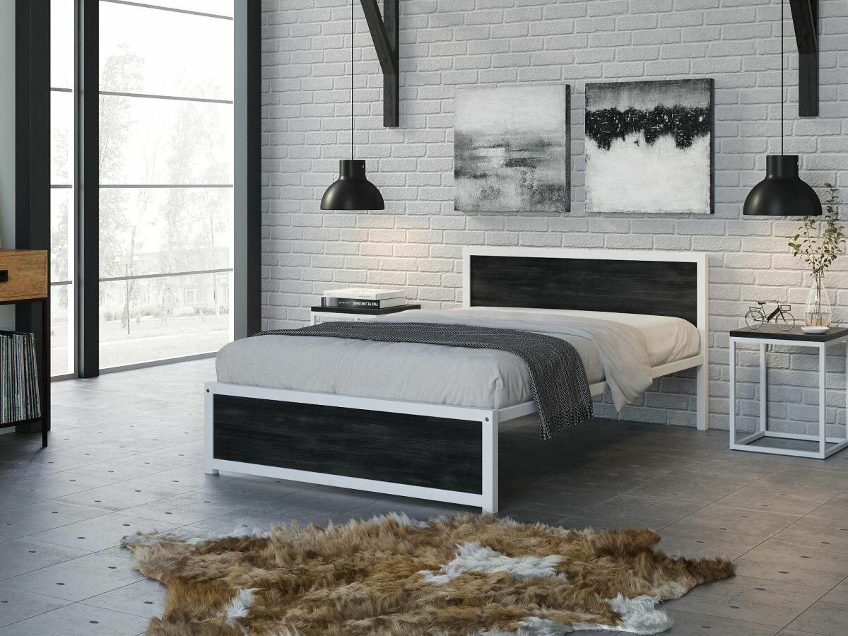 Кровать металлическая Титан Лофт 120х200 белый/северное дерево темное