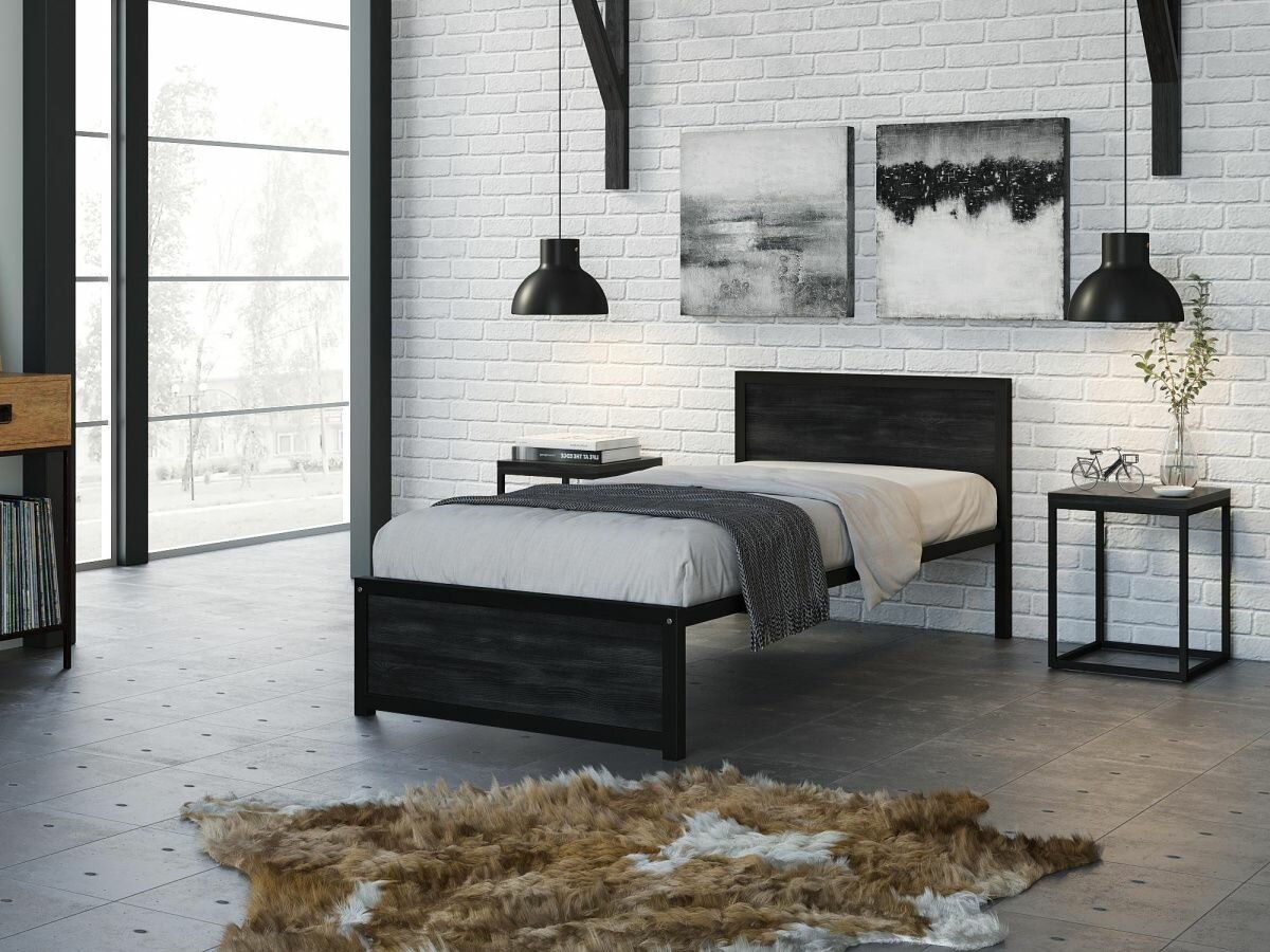 Кровать металлическая Титан Лофт 90х190 черный/северное дерево темное