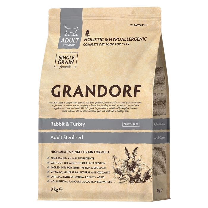 Сухой корм Grandorf для взрослых стерилизованных кошек с кроликом и индейкой, 8 кг