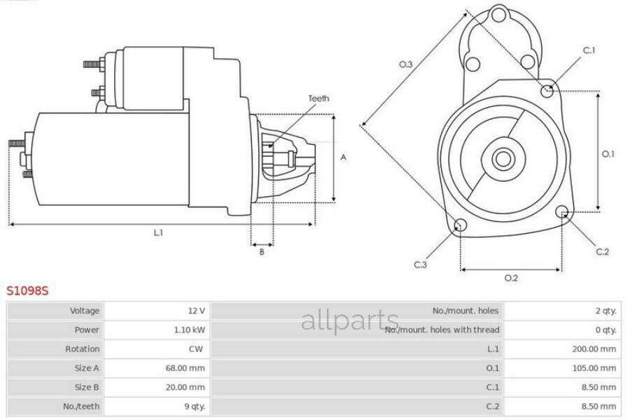 AS S1098S Стартер Chevrolet Aveo 11-15 / Cruze 09-15 (1,1 kW/ Z=9)
