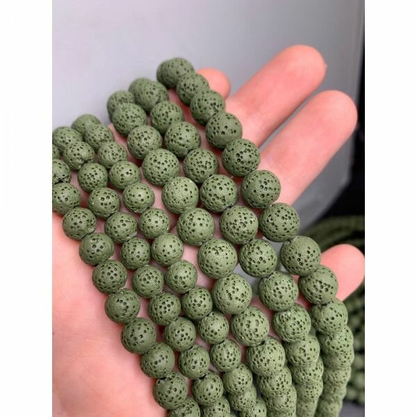 Каменные бусины, вулканическая лава люкс, пористая тонированная, болотная, шарик гладкий, 8 мм, длина нити 38 см, около 47 бусин