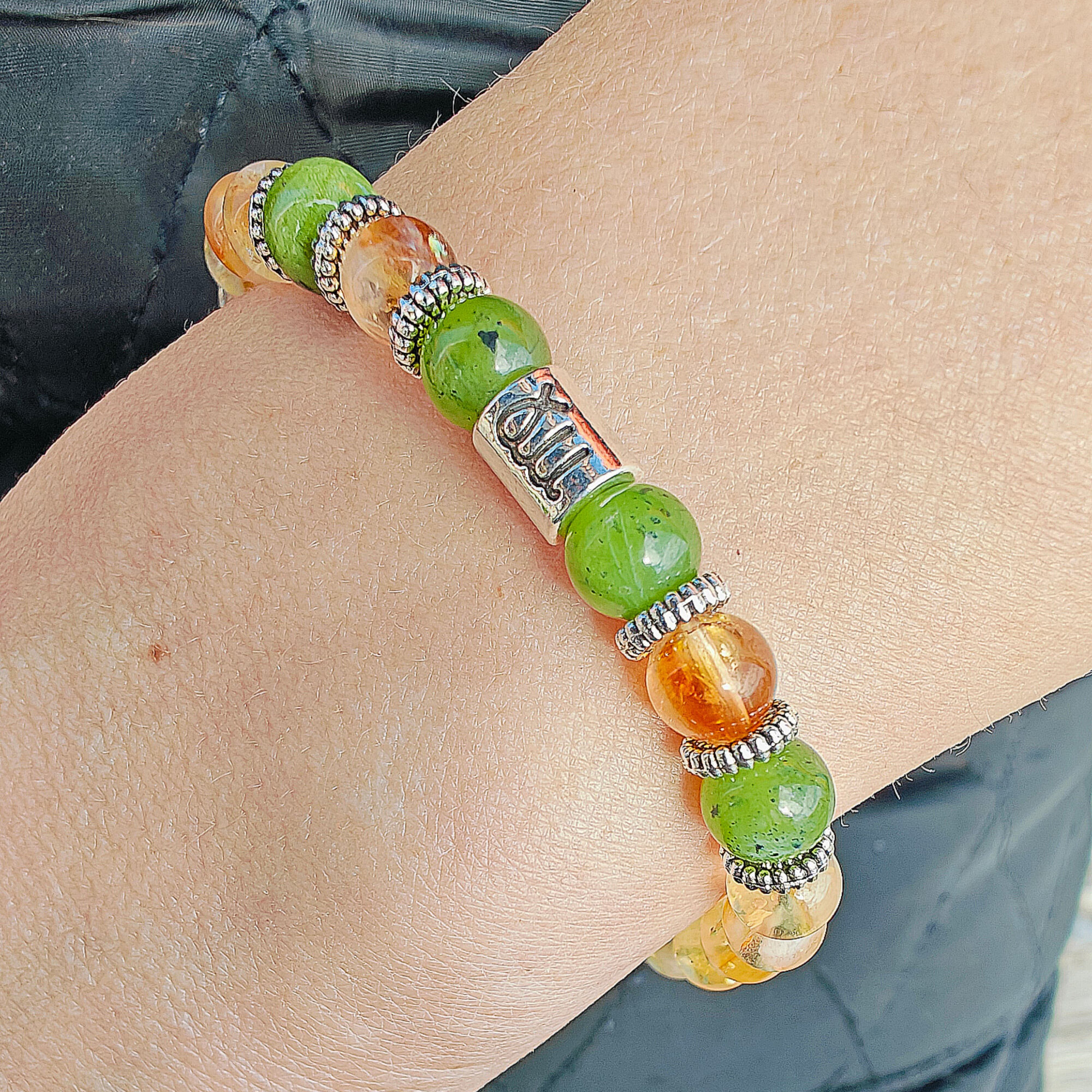 Плетеный браслет, цитрин, нефрит