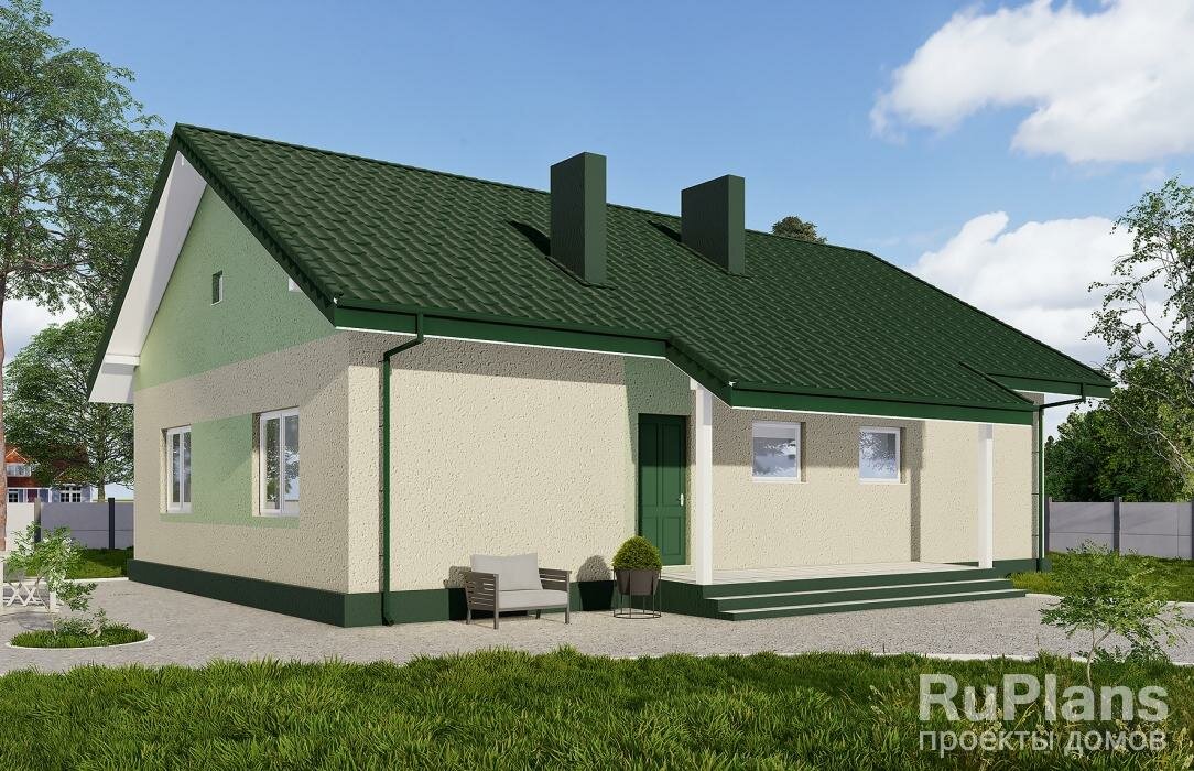 Одноэтажный дом с террасой и чердаком (116 м2, 15м x 10м) Rg5987