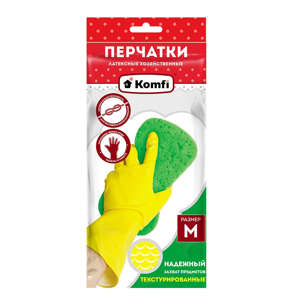 Перчатки Komfi хозяйственные латекс M без х/б напыления желтые