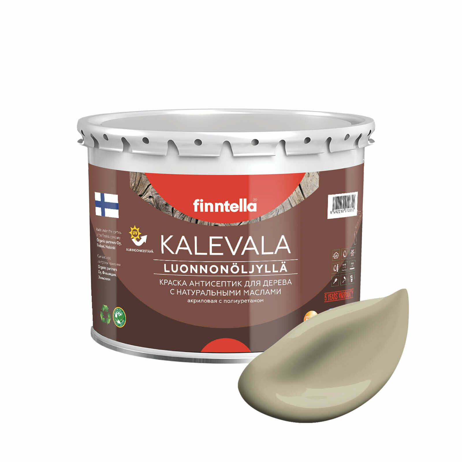 Краска для дерева и деревянных фасадов FINNTELLA KALEVALA, с натуральным маслом и полиуретаном, цвет VUORI (бежевый хаки) , 2,7л