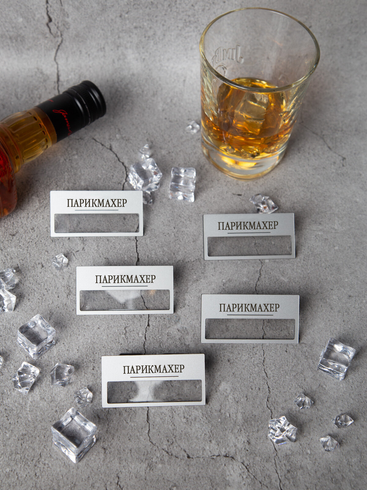 Бейджик (Бейдж) с окном, гравировка "Парикмахер", магнитное крепление, серебряный - 5 шт.