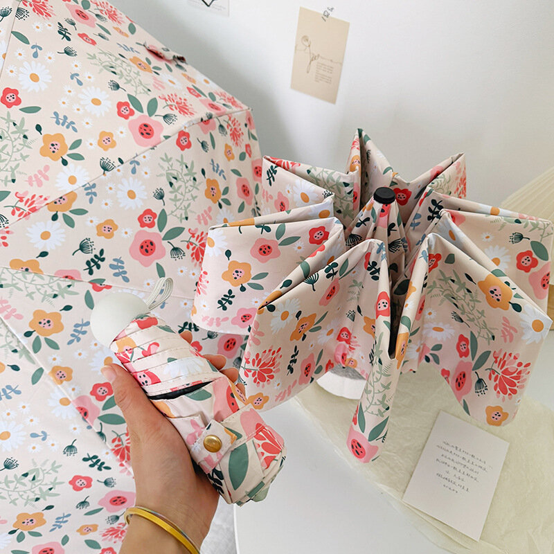 Японский и корейский автоматический зонт для женщин, свежий цветочный дизайн, зонт для защиты от солнца, двойное использование для солнца и дождя, черное покрытие, 50% off зонтов