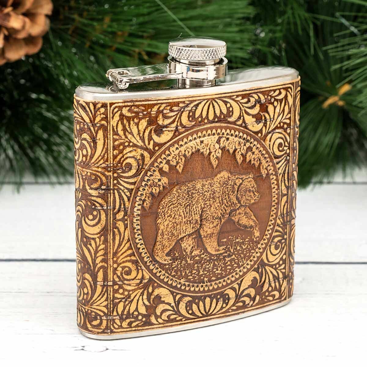 Фляжка - Мишка, Нержавейка, Береста, 180 мл / 60Z