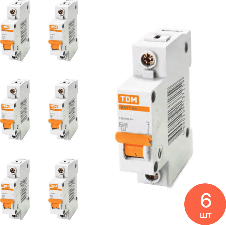Автоматический выключатель TDM Electric / ТДМ Электрик ВА47-63 1Р 25А характеристика С 4.5кА, SQ0218-0005 / электроавтомат (комплект из 6 шт)