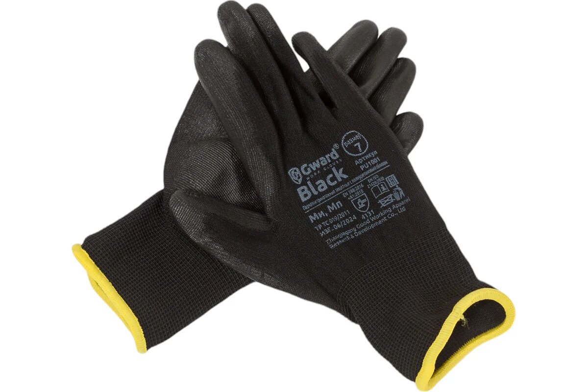 Gward Black Перчатки нейлоновые черного цвета с полиуретановым покрытием Р. S 12 пар арт. PU1001 PU1001B/S