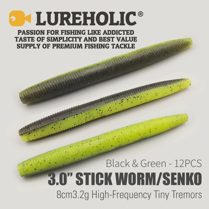 LUREHOLIC 3.0" Stick Worm/Senko Black Green, 12шт