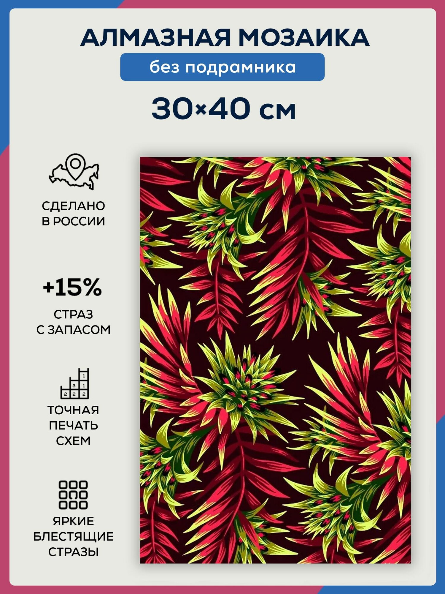 Алмазная мозаика 40х60, без подрамника, полная выкладка квадратными стразами, Тропический орнамент, узоры листья, Растения