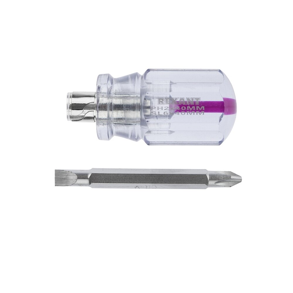 Отвертка комбинированная, прозрачная рукоятка, двухсторонний стержень 40мм (крест PH2, шлиц SL6) REXANT, 12-4743 SDS-12-4743