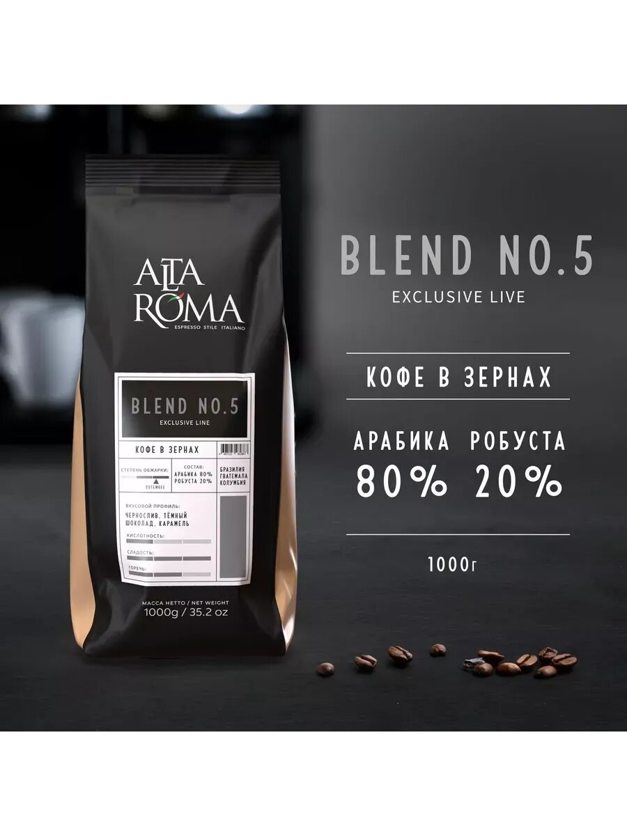 Кофе в зёрнах Альта Рома BLEND 5 (NERO) 1 кг арабика 80%/ робуста 20%