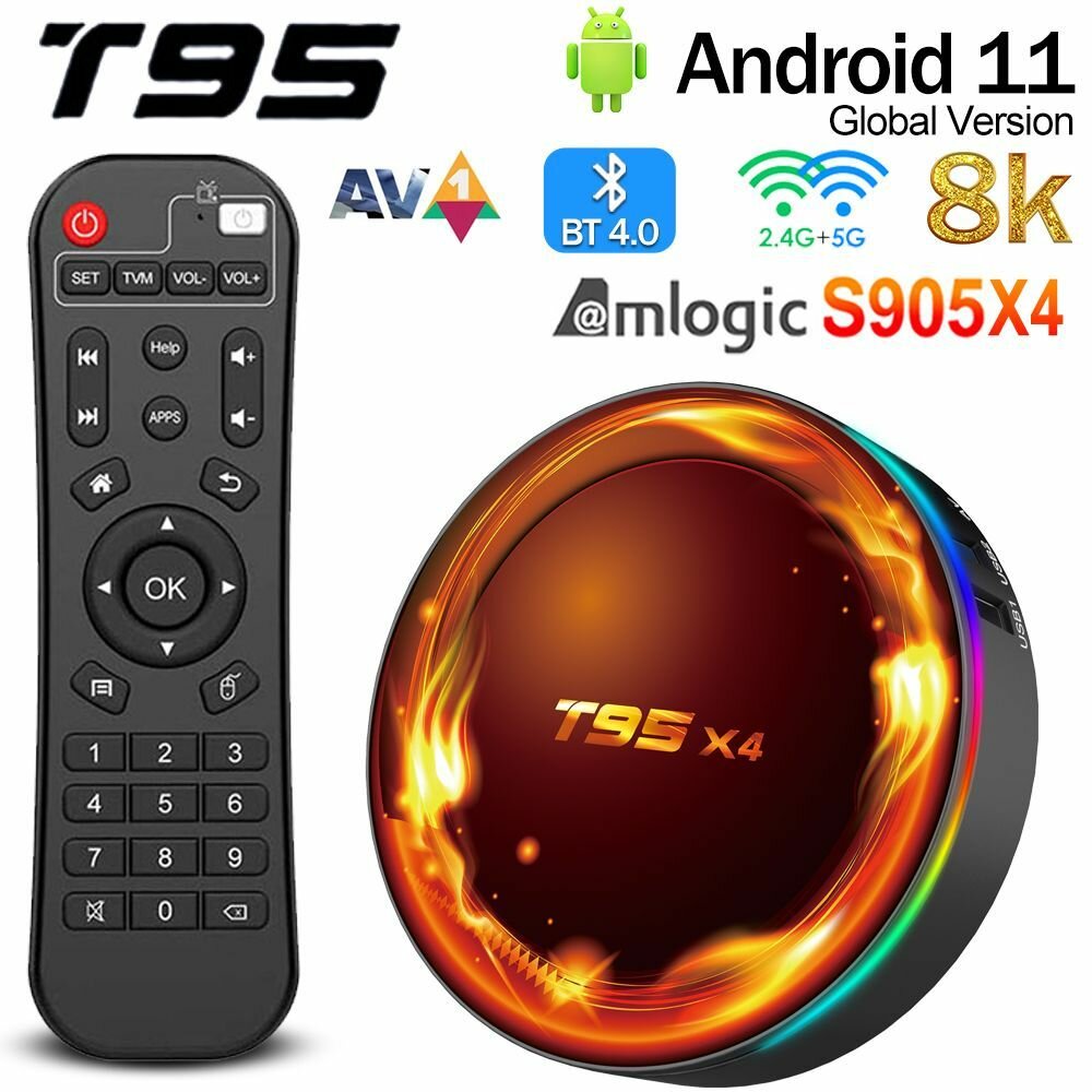 Смарт ТВ приставка T95X4 android 11 Amlogic S905X4 двойной WiFi с BT4.0 AV1 и VP9 8K телеприставка медиаплеер