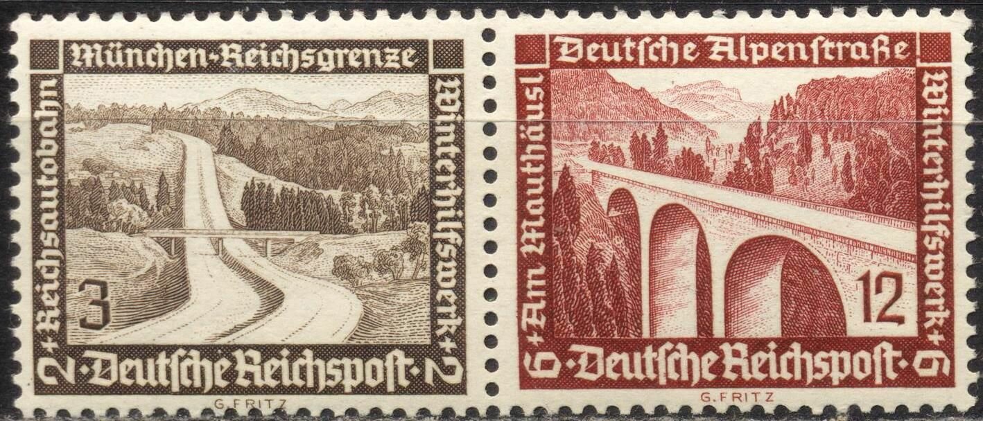 Марки Германии. 1936 . Серия "Современные здания". Сцепка 3 и 12 Рейхспфеннигов. "Высокий" каталог.