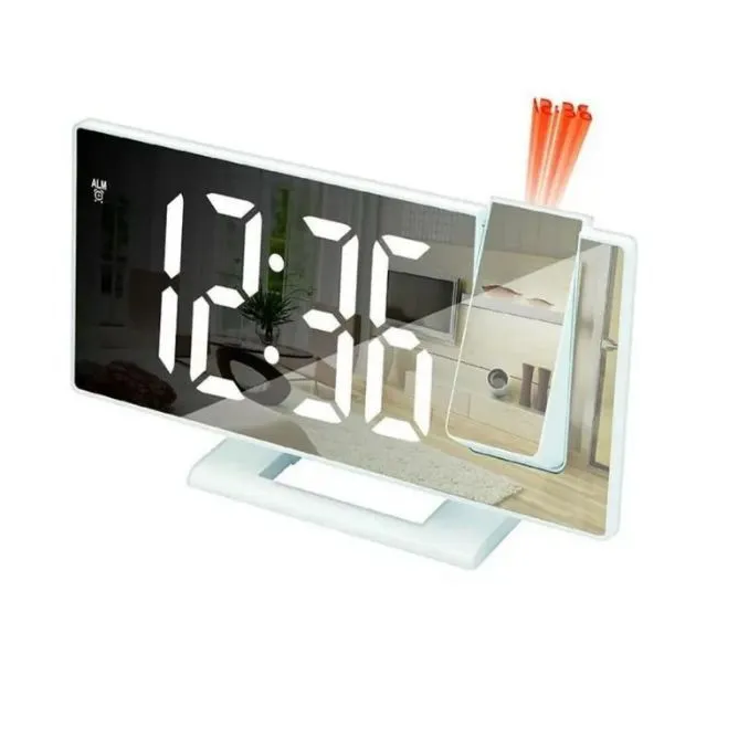Часы электронные зеркальные с проекцией настольные с будильником, температурой, белый корпус
