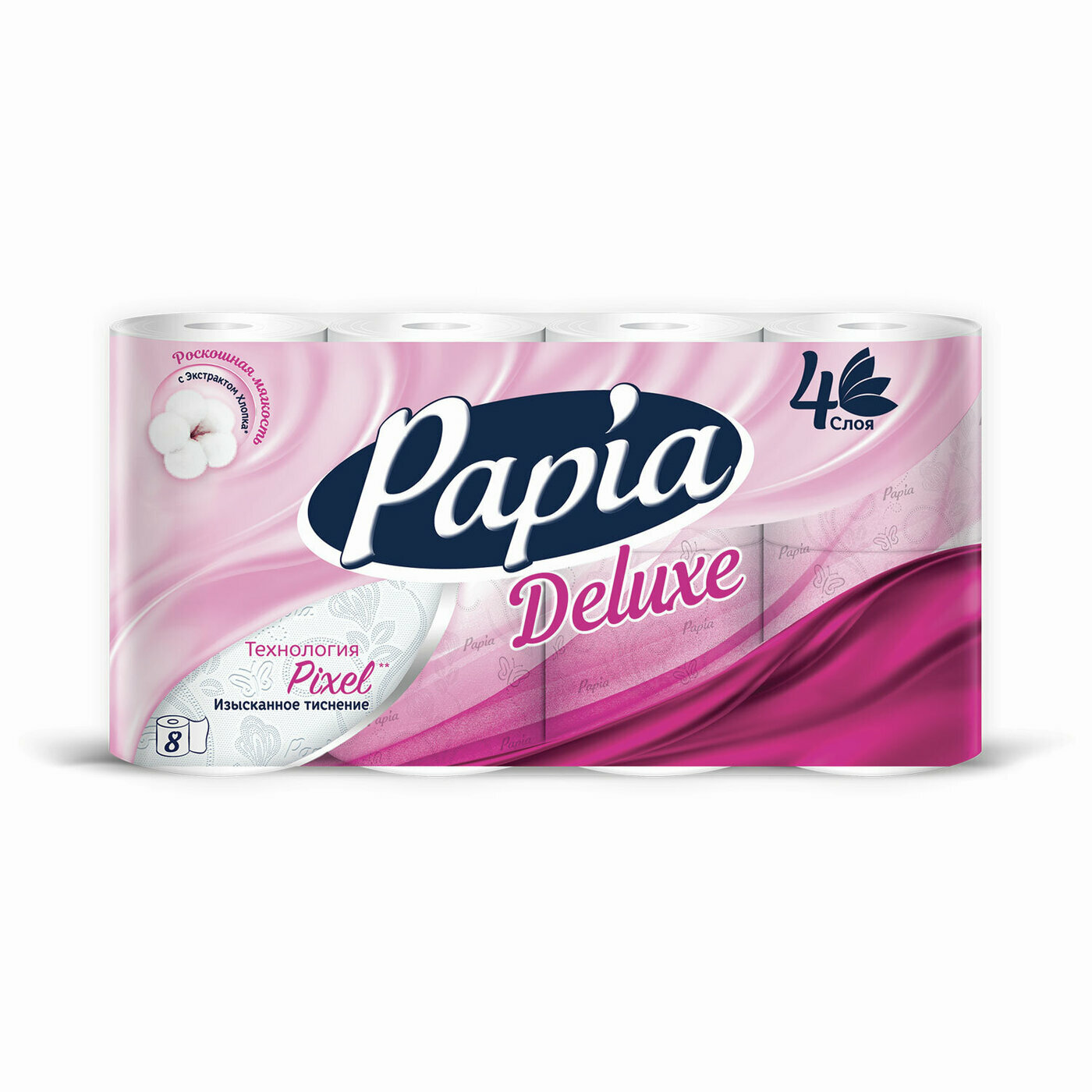 Бумага туалетная бытовая, спайка 8 шт, 4-слойная (8х16 м), PAPIA DELUXE, белая, 5080737