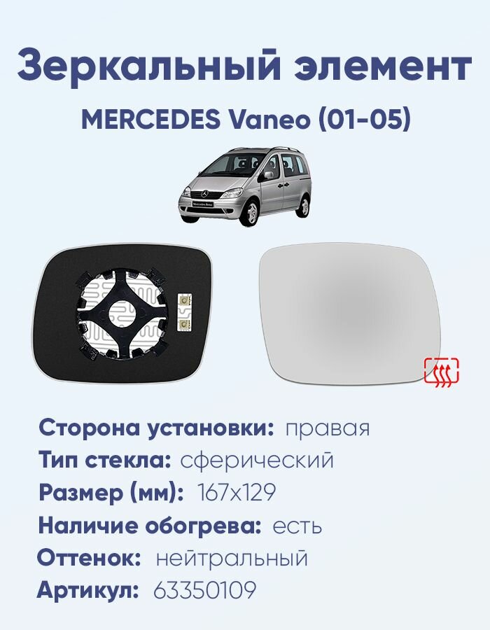 Зеркальный элемент правый MERCEDES Vaneo (01-05) сфера нейтральный с обогревом