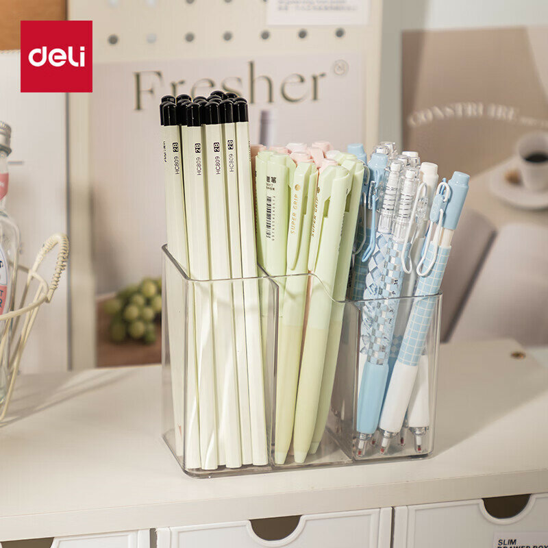 Deli Cosmetic Brush Storage Box, Multi-Compartment Desktop Organizer Pen Holder, Transparent Large Capacity, PK220