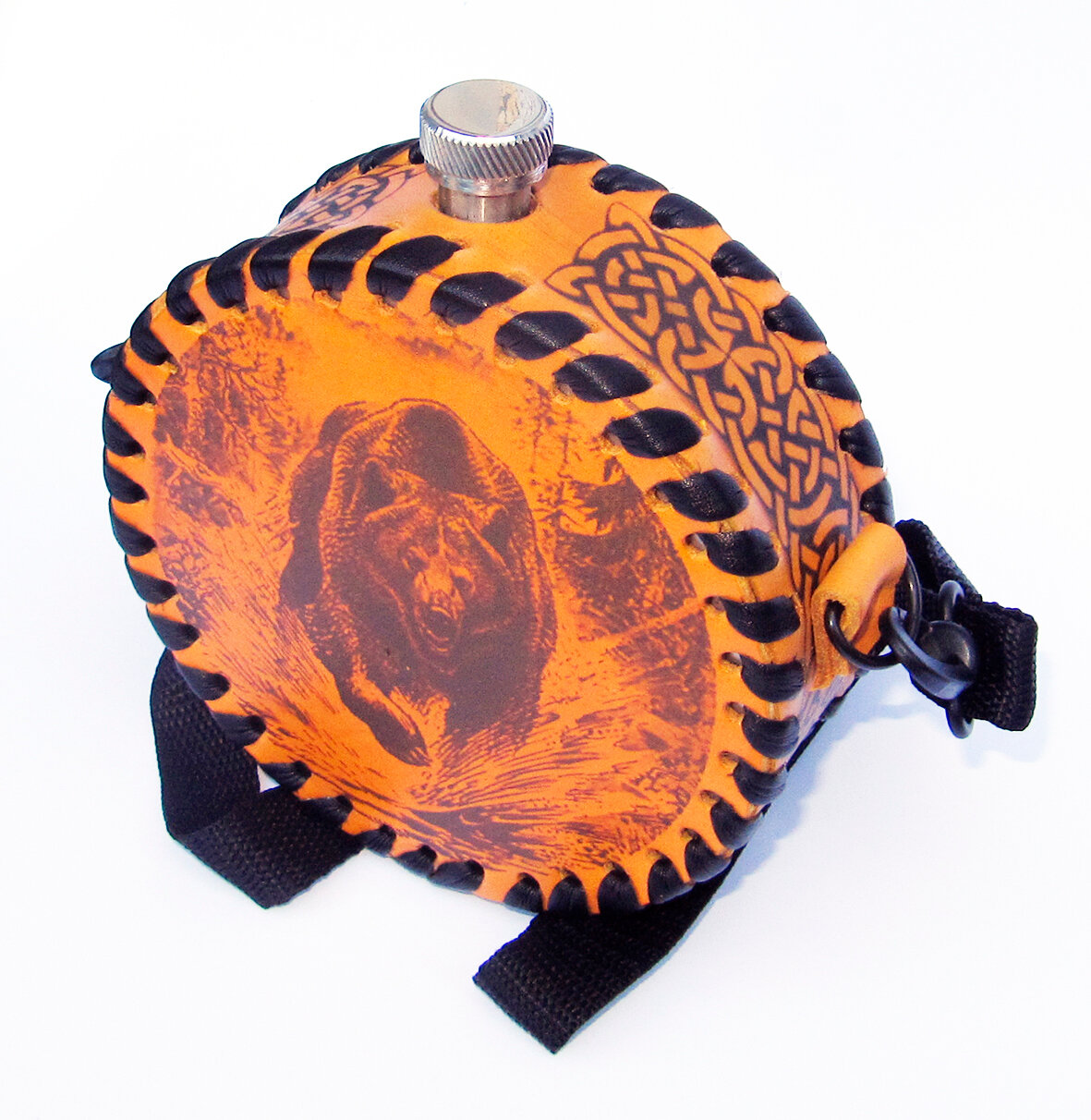 Подарок мужчине охотнику фляга (500 мл. нерж. сталь) в кожанном (рыжем) чехле "Медведь" Россия