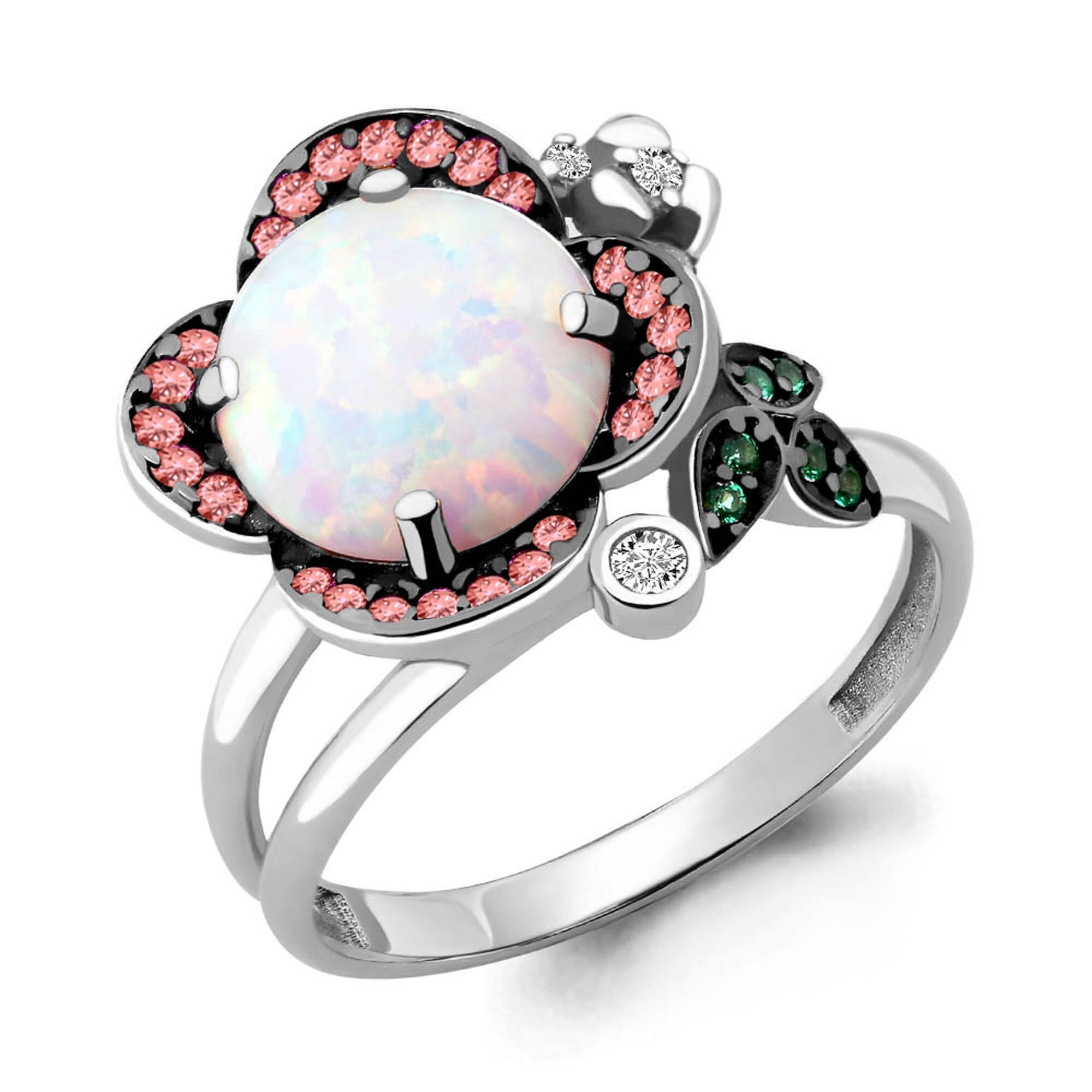 Кольцо, серебро, 925 проба, родирование, кристалл, изумруд синтетический, фианит, опал