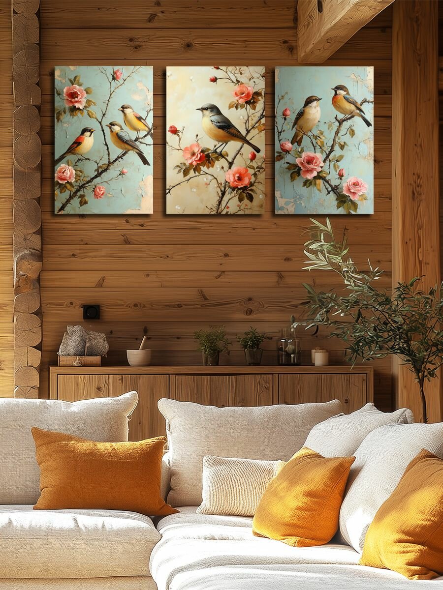 Комплект картин на холсте LOFTime 3 шт 40Х60 Птицы на ветках прованс КC-1377-4060