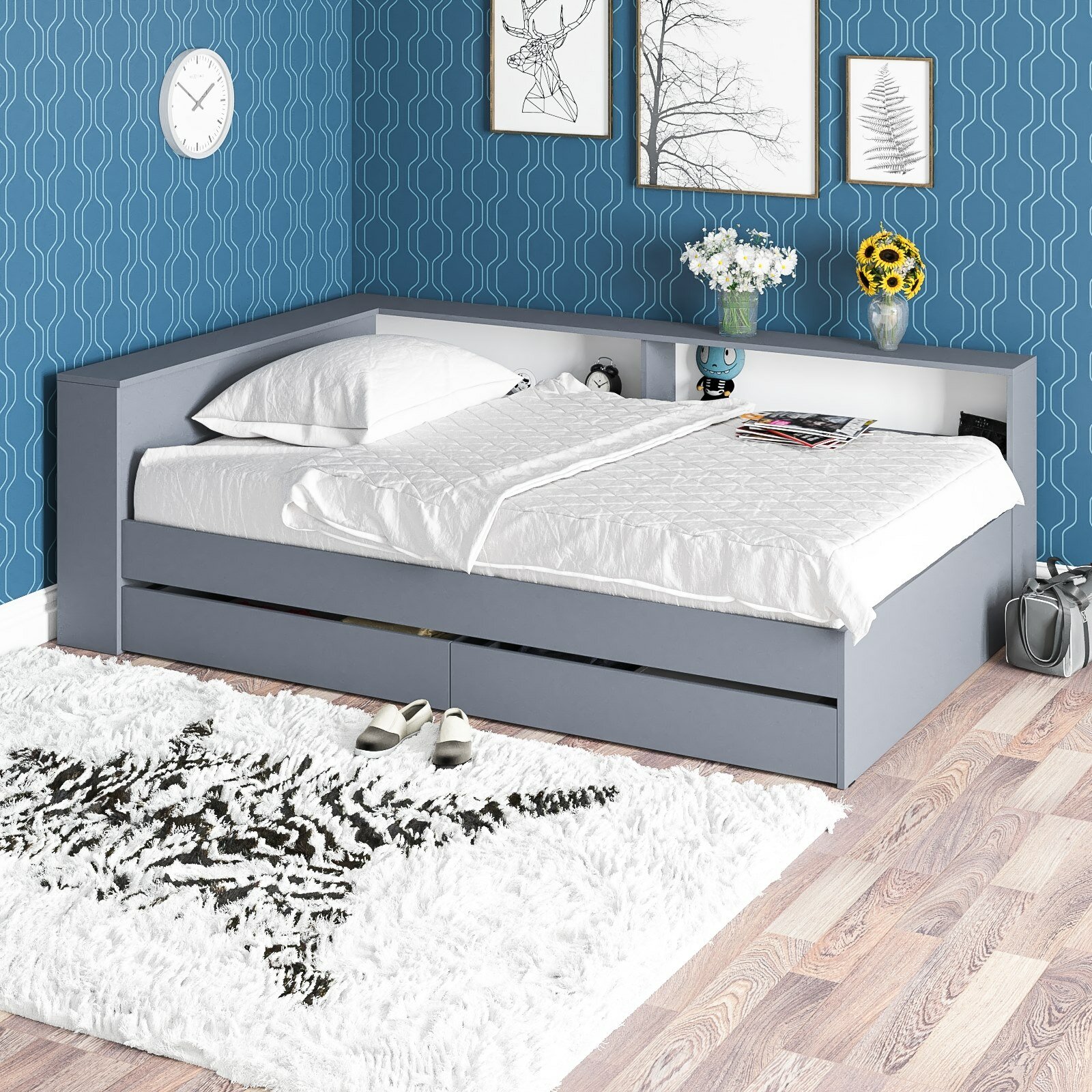 Кровать СВК Ксения 1200 с ящиками и блоком с полками, цвет графит, 148х221,6х72 см.