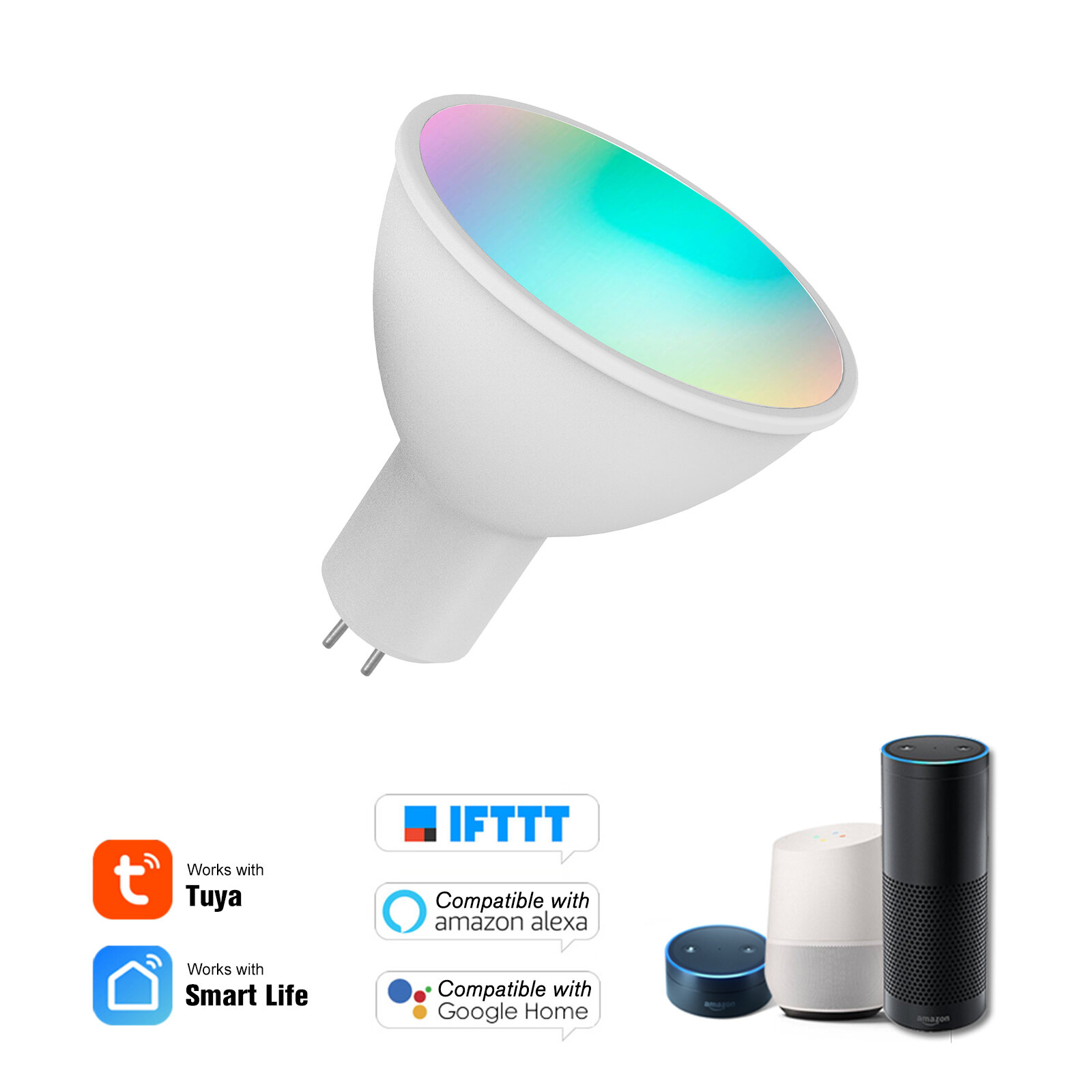 Умная лампа с Wi-Fi RGBW+C LED 5W GU5.3, регулируемая яркость, дистанционное управление с помощью приложения для телефона, совместимая с голосовым управлением Alexa