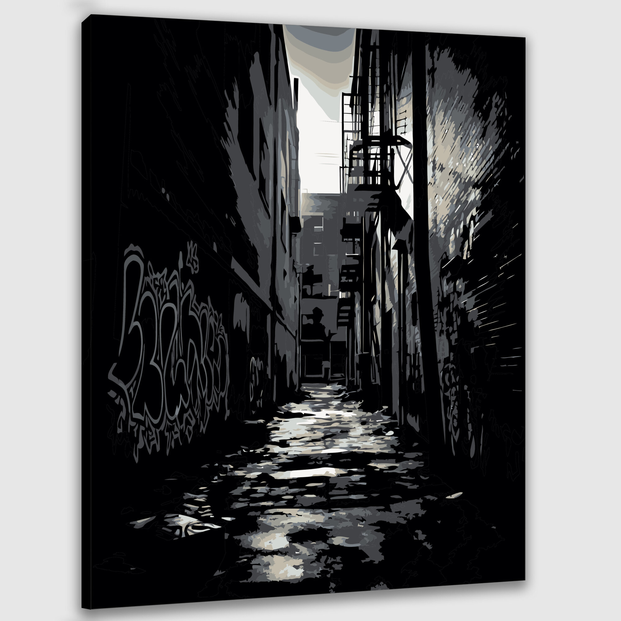 Картина по номерам 40x50 см, пустынный городской переу, черно-белая фотография, граффити стены, уличные фонари