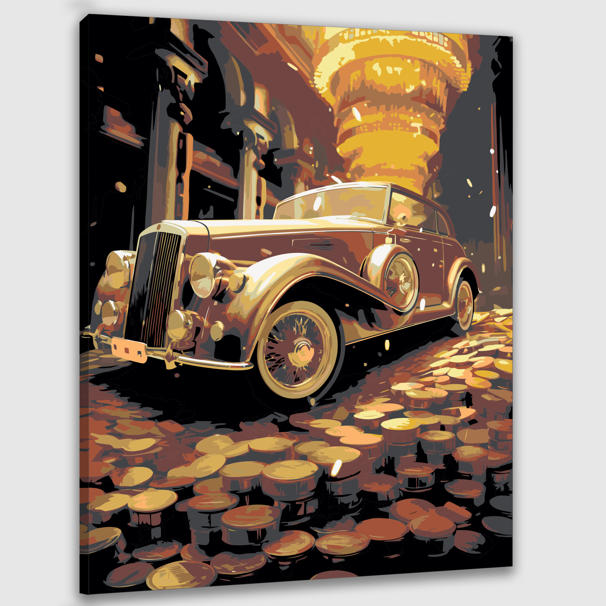 Картина по номерам 40x50 см, золотые монеты, корона с бриллиантами, винтажный автомобиль клас, богатство, процветание
