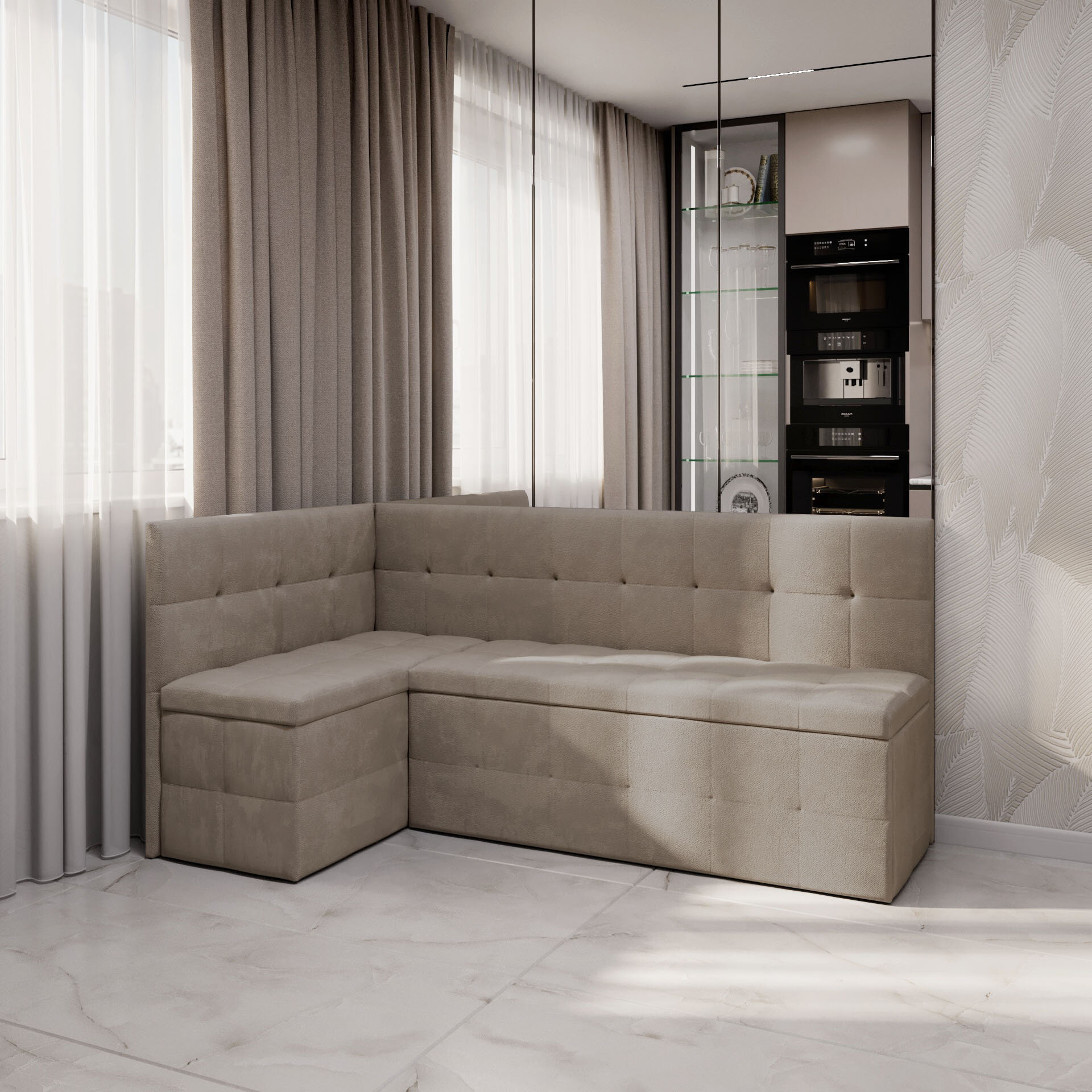 Диван кухонный угловой "Домино" D@E Factory со спальным местом, велюр Дакота бейдж, угол универсальный